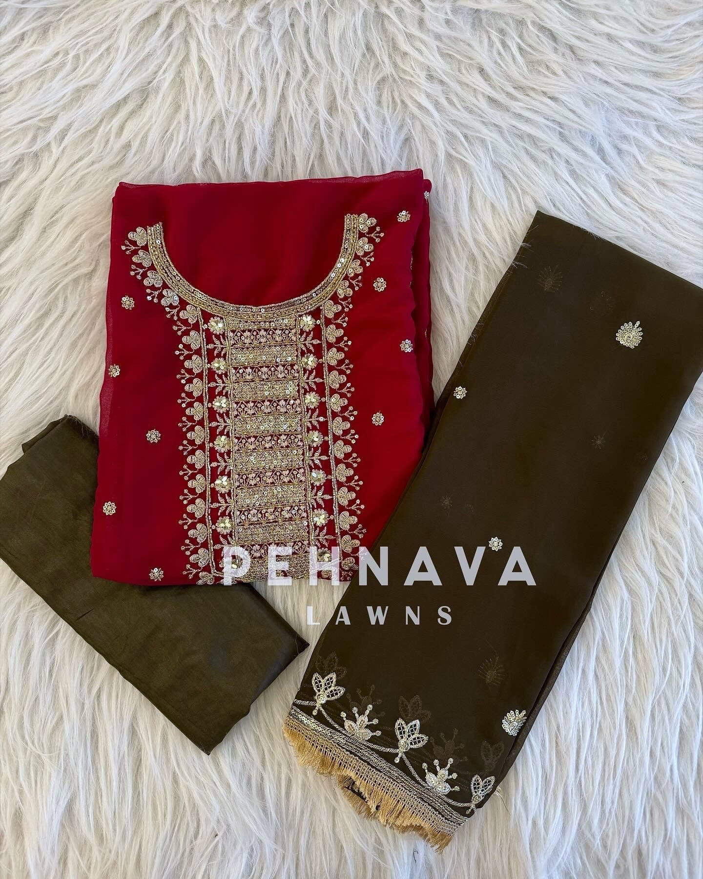 Pure chiffon embroidered party wear -gulabi color – Pehnava Lawns