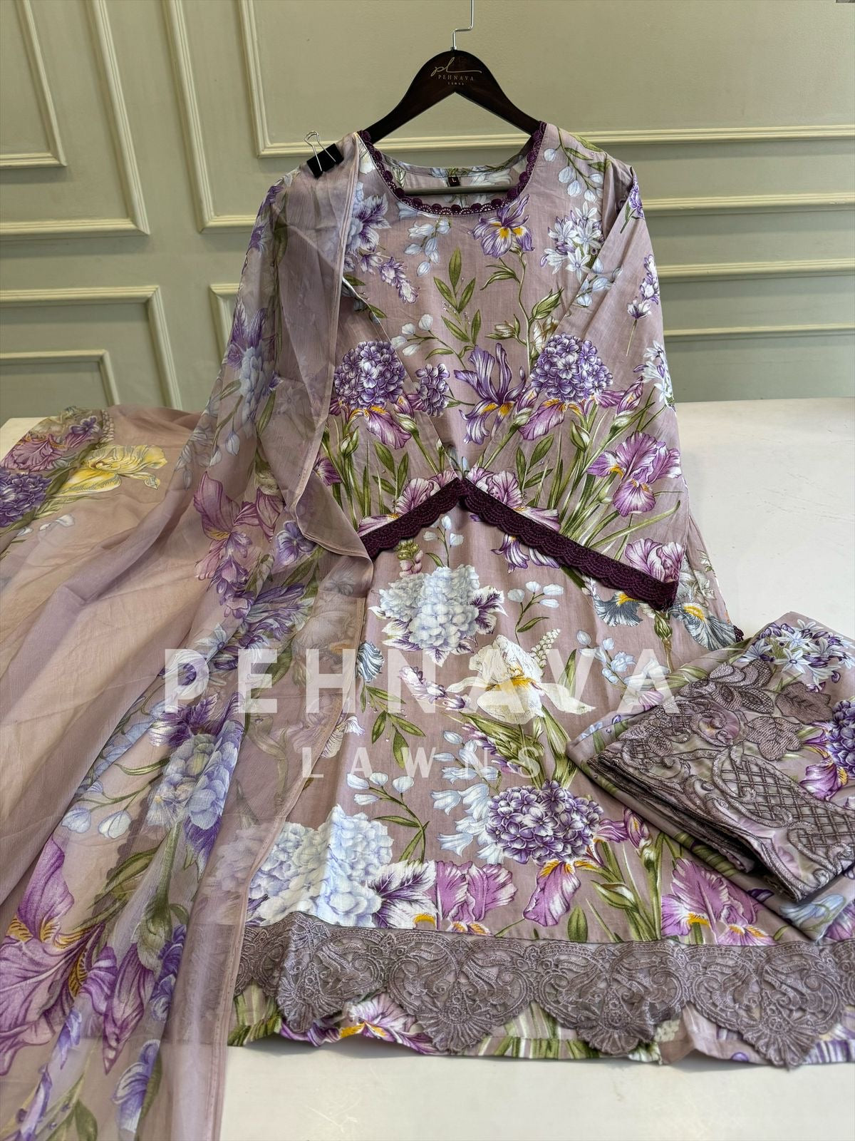 Purple Floral Printed Lawn Suit – Pehnava Lawns